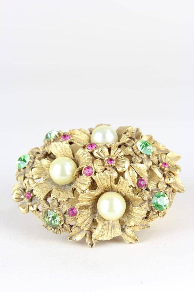 Florenza 1970s Small Heavy Jeweled Floral Motif Gold-Plated Jewelry ...