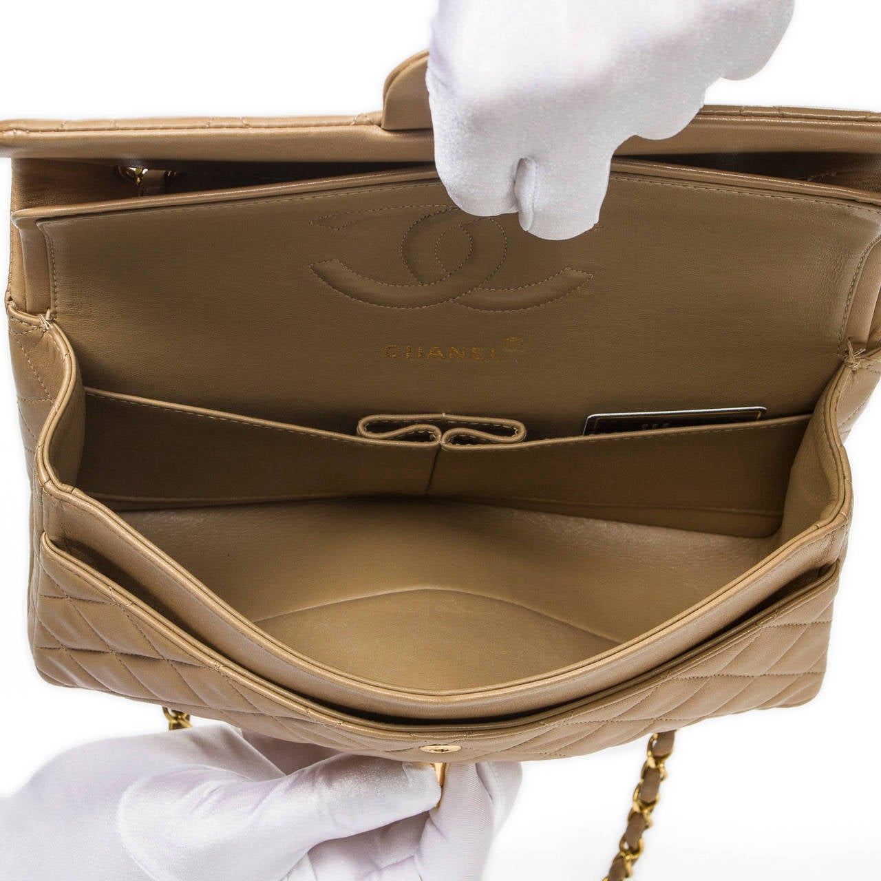 Chanel Classic Double Flap 26cm Beige Leather For Sale at 1stDibs