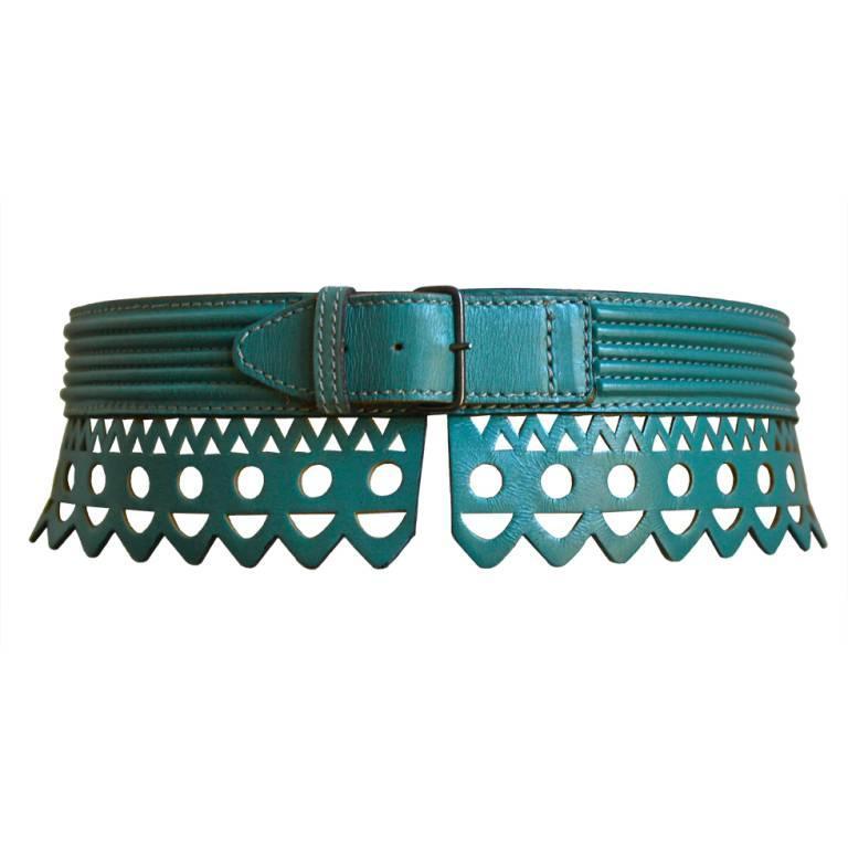 Azzedine Alaia teal scalloped laser cut leather runway belt, 1992 at ...