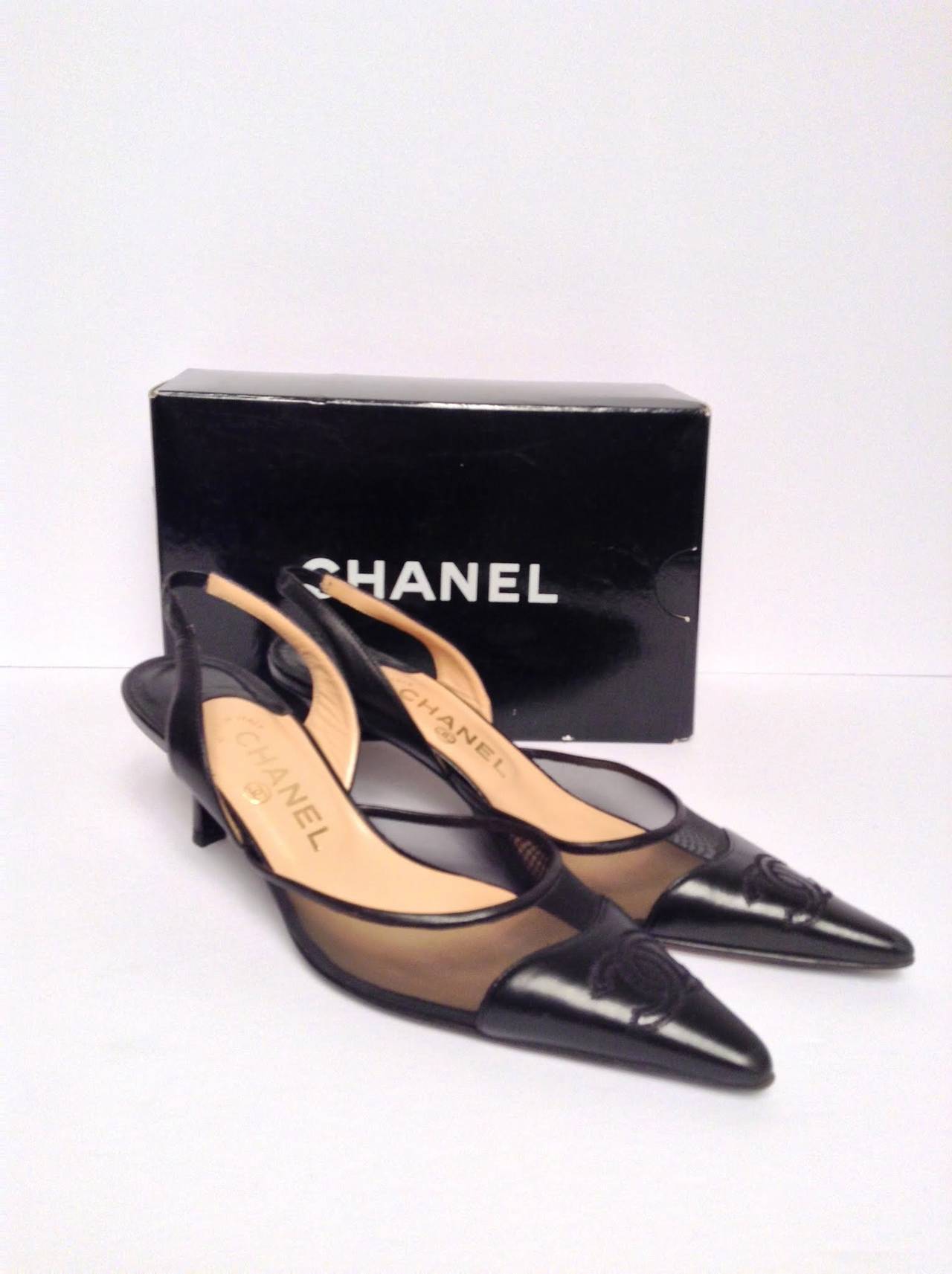 Chanel Leather and mesh Sling Back Size 37.5 For Sale at 1stDibs