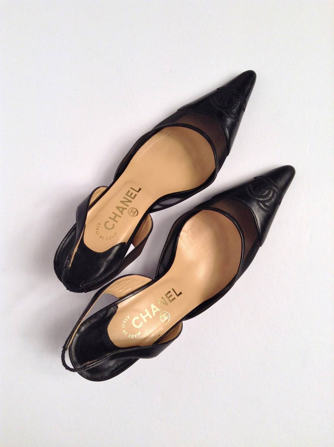 Chanel Leather and mesh Sling Back Size 37.5 For Sale at 1stDibs