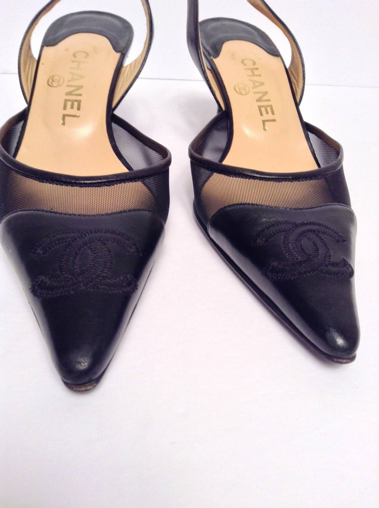 Chanel Leather and mesh Sling Back Size 37.5 For Sale at 1stDibs