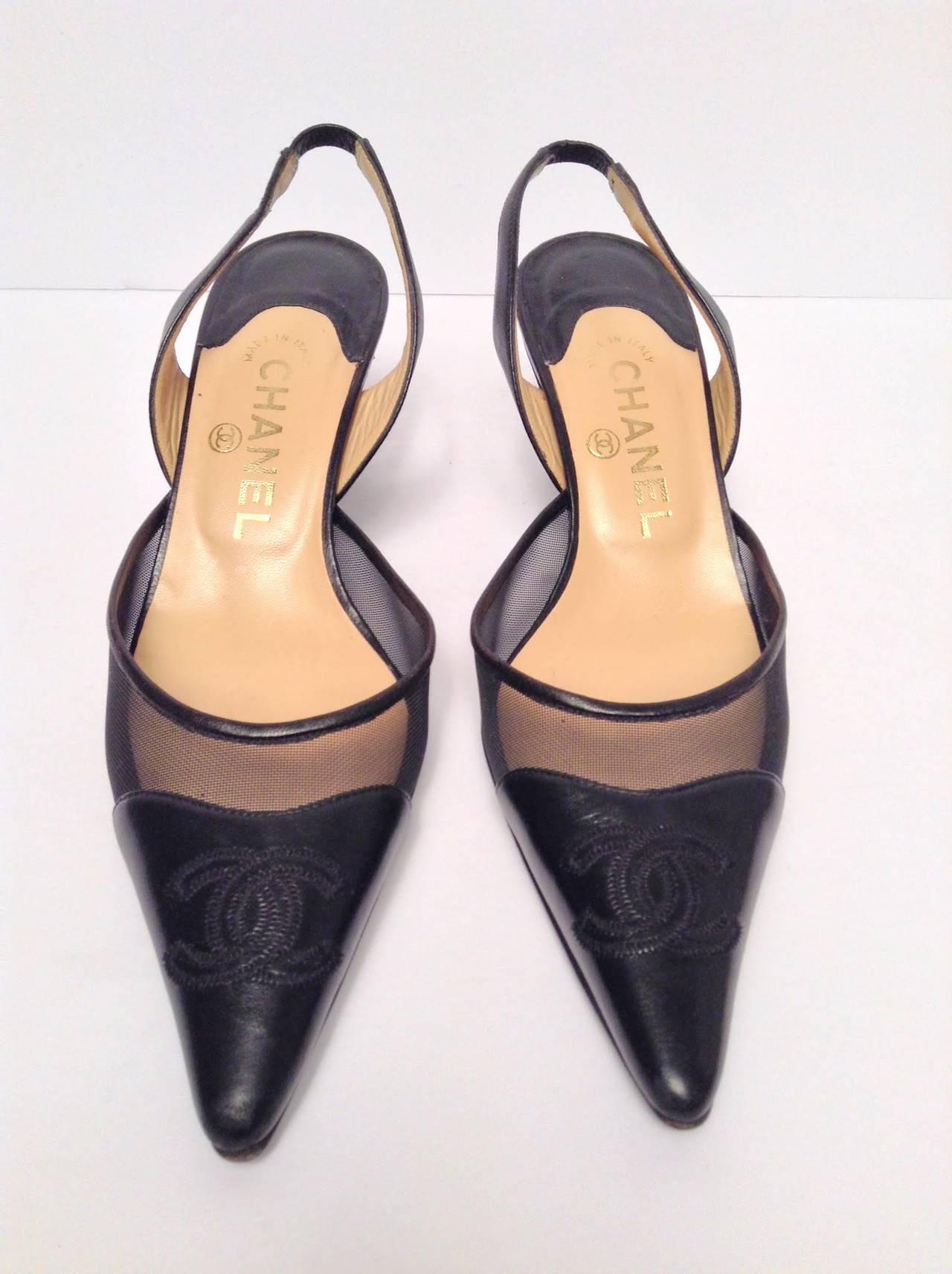 Chanel Leather and mesh Sling Back Size 37.5 For Sale at 1stDibs