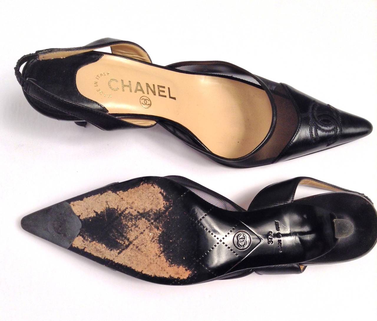 Chanel Leather and mesh Sling Back Size 37.5 For Sale at 1stDibs