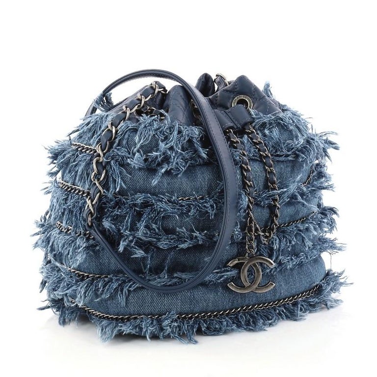 Chanel Drawstring Charm Bucket Bag Fringe Denim at 1stDibs