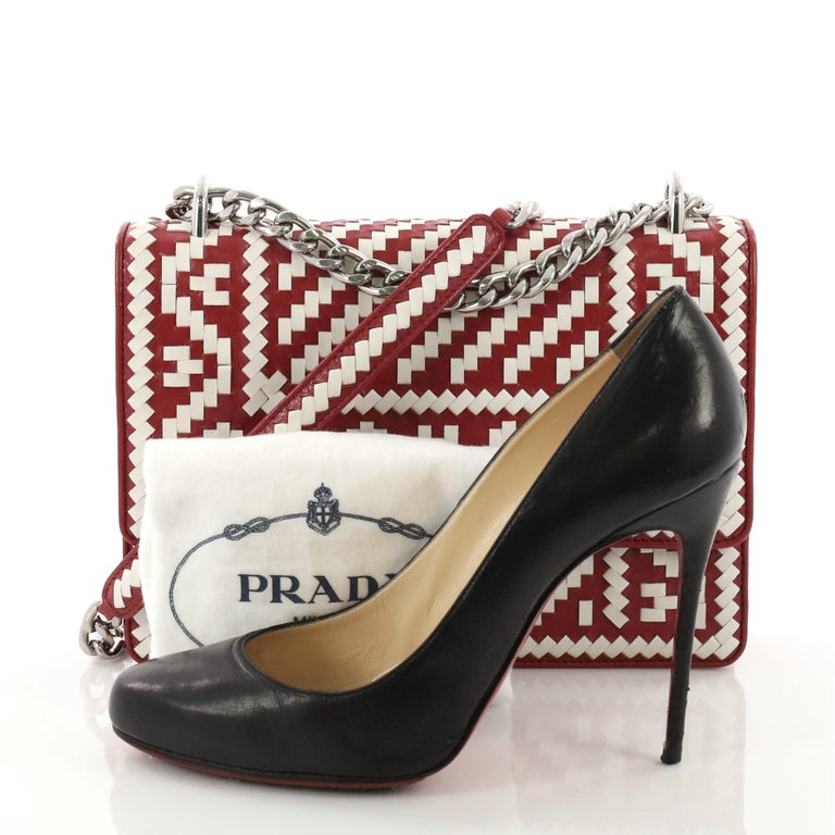 Prada Push Lock Flap Chain Bag Madras Woven Leather Small at 1stDibs