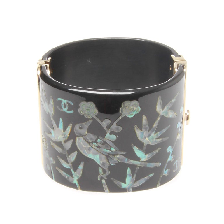 Chanel Black resin mother of pearl bird inlay Cuff bracelet at 1stDibs ...