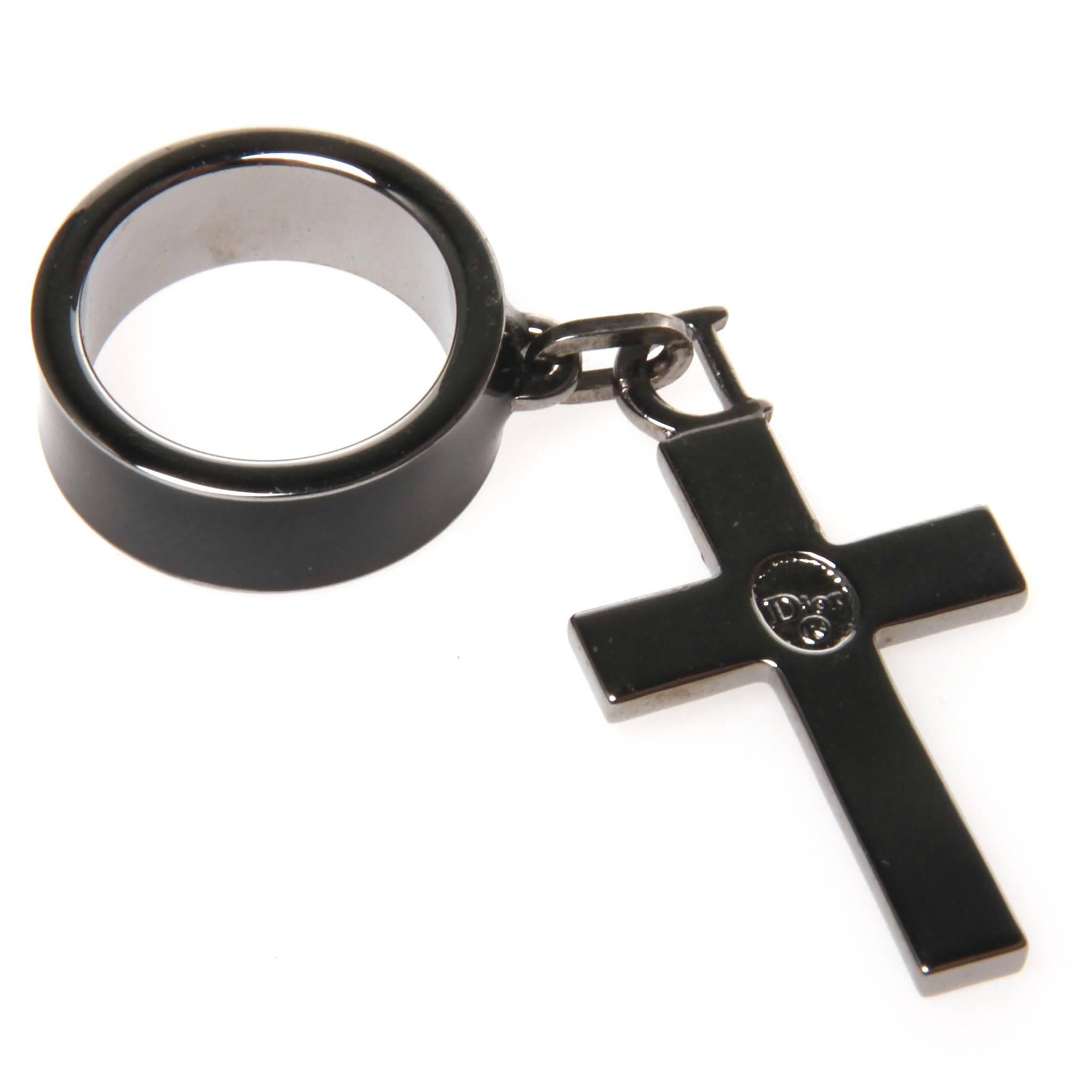 Christian Dior Gun Metal Crucifix Charm Ring at 1stDibs | dior charm ring