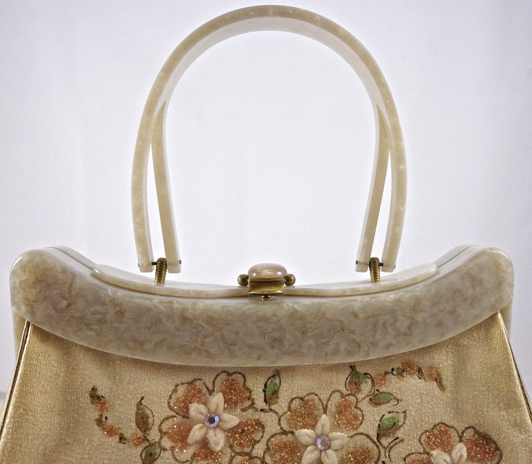 Rialto 1950s Lucite Vinyl Cream Fabric Handbag with Flowers and ...