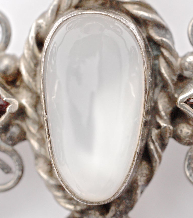 Hand Made Silver Brooch with a Faux Moonstone and Faux Garnets circa ...