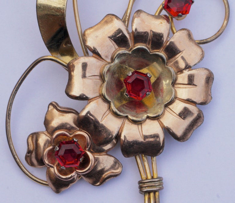Harry Iskin 1940s Large Red Rhinestone Flower Statement Brooch at ...