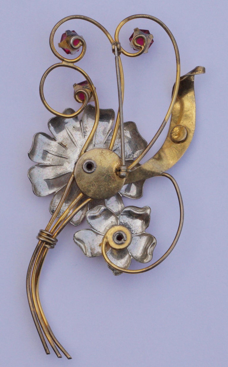 Harry Iskin 1940s Large Red Rhinestone Flower Statement Brooch at ...