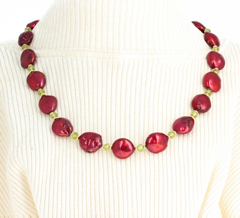AJD Elegant Fascinating Bright Wine Red Oval Pearls and Peridot 18 ...