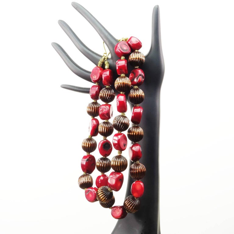 AJD 17 Inch Double Strand Deep Red Coral and Bronze Bead Choker ...
