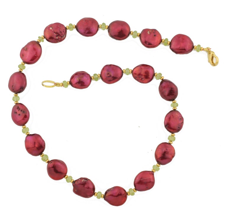 AJD Elegant Fascinating Bright Wine Red Oval Pearls and Peridot 18 ...