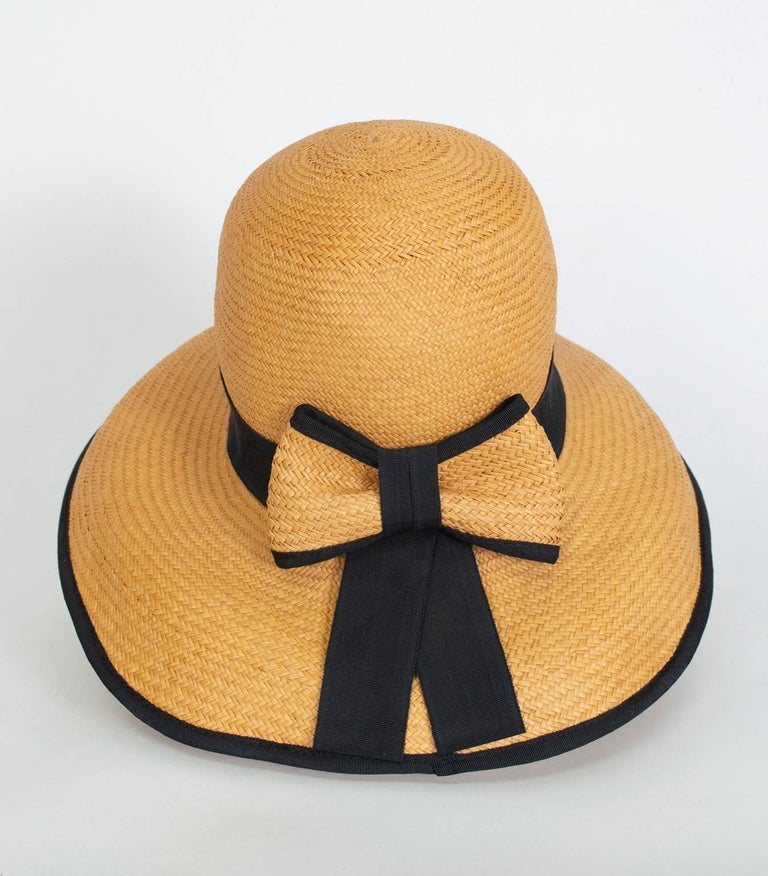 Natural Straw Bucket Sun Hat with Black Grosgrain Trim, 1960s at 1stDibs