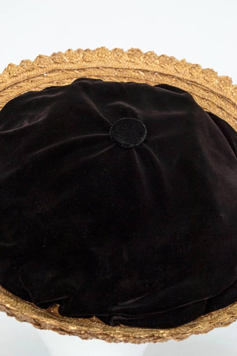 Schiaparelli Paris Black Velvet and Straw Summer Boater Hat ...