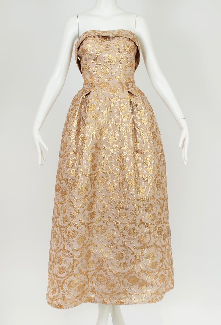 Will Steinman Strapless Gold Metallic Brocade Ball Gown w Rear Bow – XS ...
