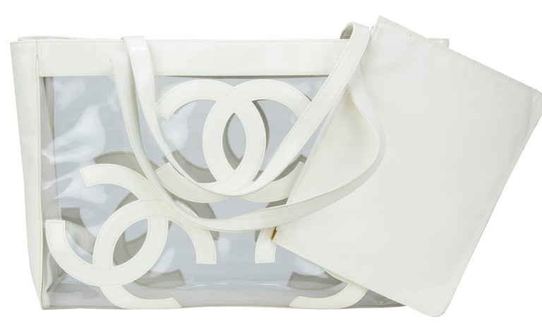 Vintage Chanel Jumbo White Patent Leather and PVC Tote at 1stDibs