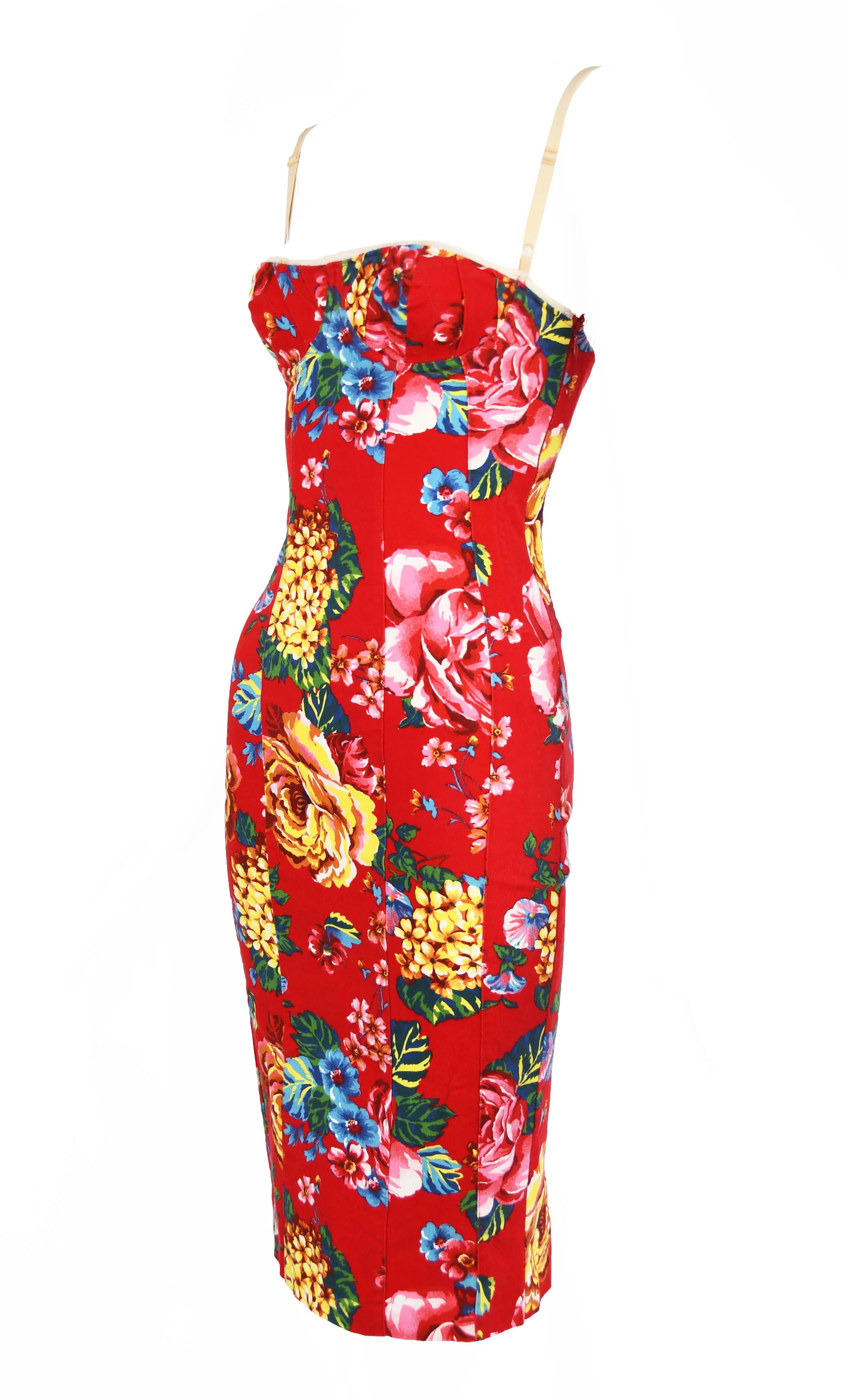 Dolce and Gabbana Vintage Red Floral Stretch Denim Dress For Sale at ...