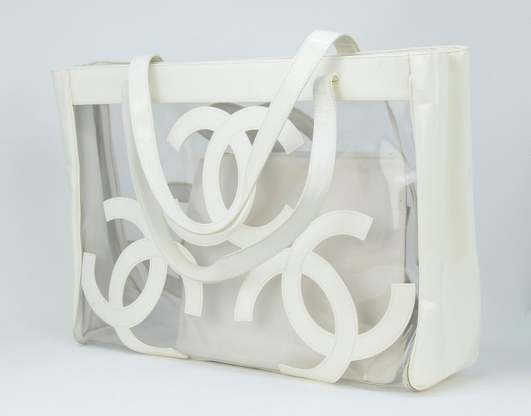 Vintage Chanel Jumbo White Patent Leather and PVC Tote at 1stDibs