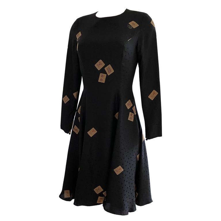 Flora Kung Black Silk Prosperity Luck Mahjong Tile Print Dress - Rare ...