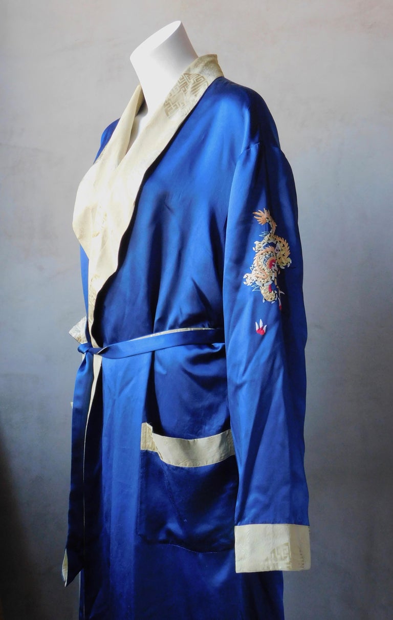 Vintage Blue and Gold Silk Robe with Dragon Embroidery at 1stDibs ...