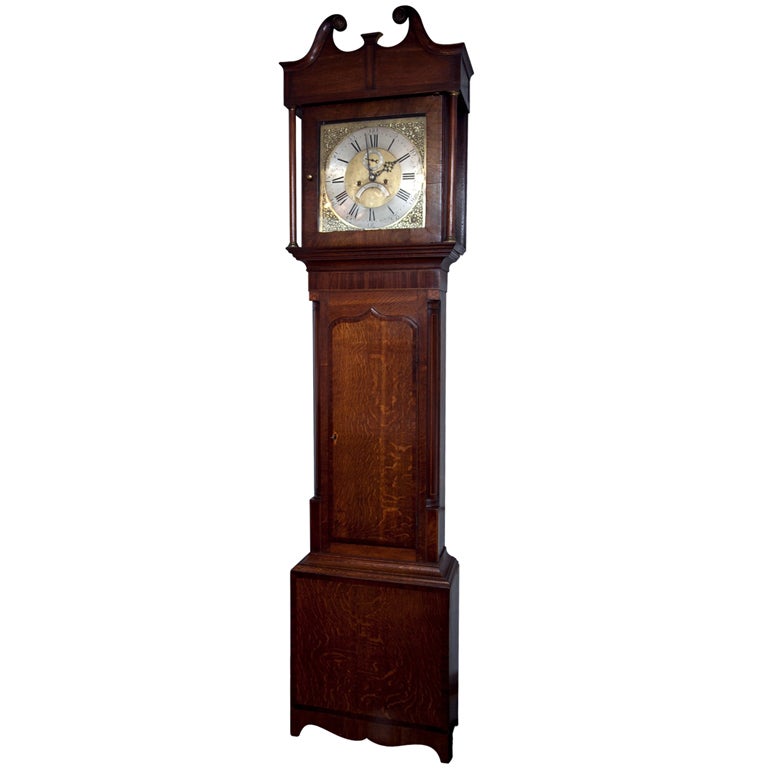 Oak Tall Case Clock with Brass and Nickel Dial For Sale at 1stDibs