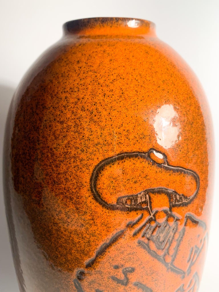 Arcore Ceramic Orange Vase with 1950s Decorative Detail For Sale at 1stDibs