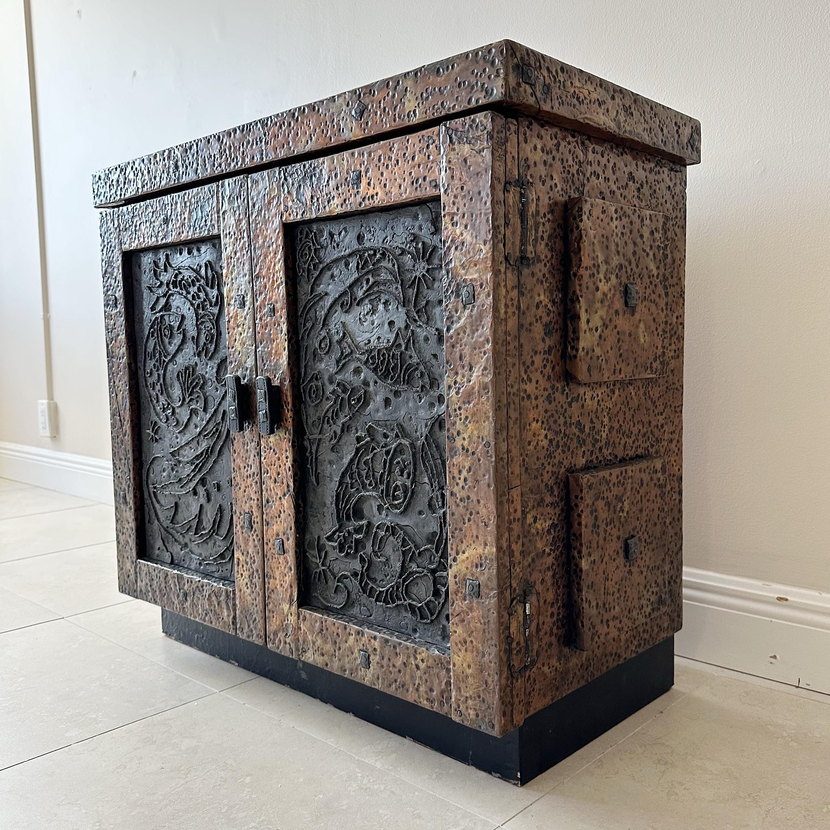 Arenson Studios 1960's Copper Clad Brutalist Cabinet For Sale at 1stDibs