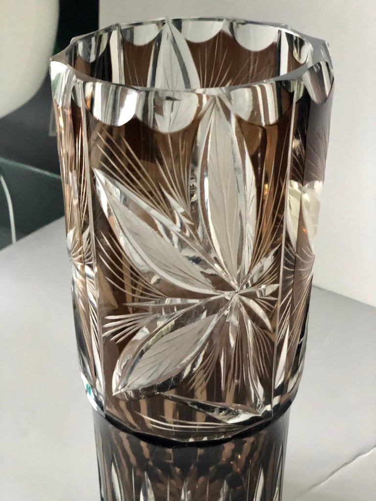 Argentinean Cut Crystal Lily Floral Design Amber Brown and Clear Glass ...