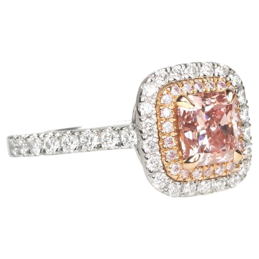 Argyle Pink GIA Certified Orangy Pink Diamond Double Halo Platinum Ring For Sale at 1stDibs