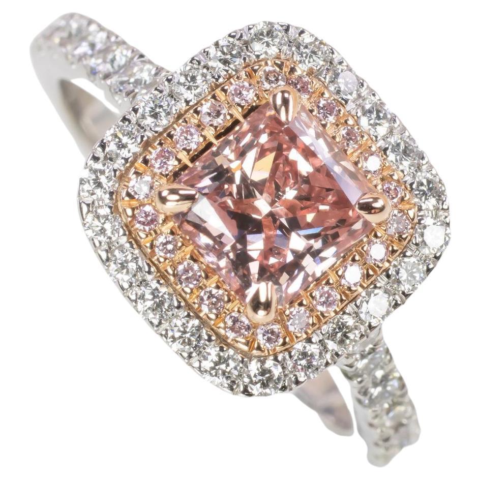 Argyle Pink GIA Certified Orangy Pink Diamond Double Halo Platinum Ring For Sale at 1stDibs