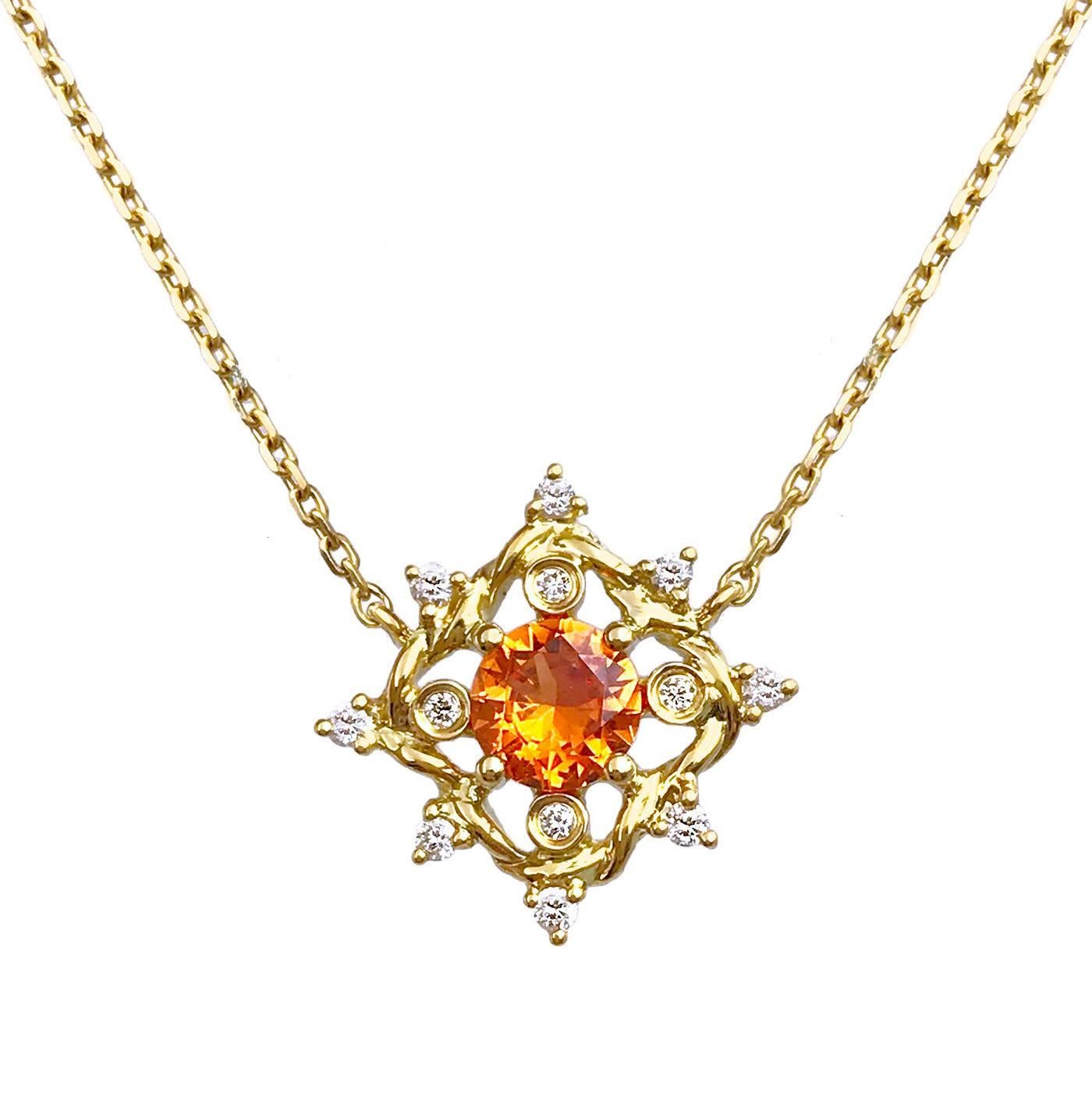 Ari Orange Sapphire Pendant Necklace 14K Yellow Gold 0.10TCW Diamonds ...
