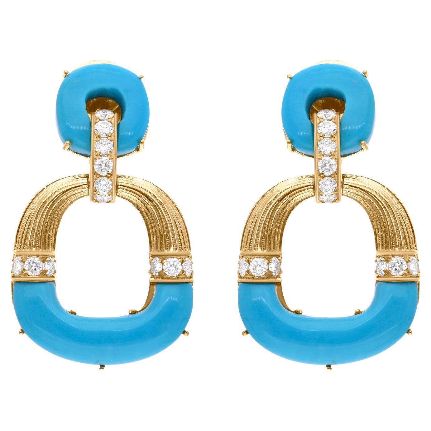 Arizona Turquoise Gemstone Earrings SI/H Diamond 18 Karat Yellow Gold ...