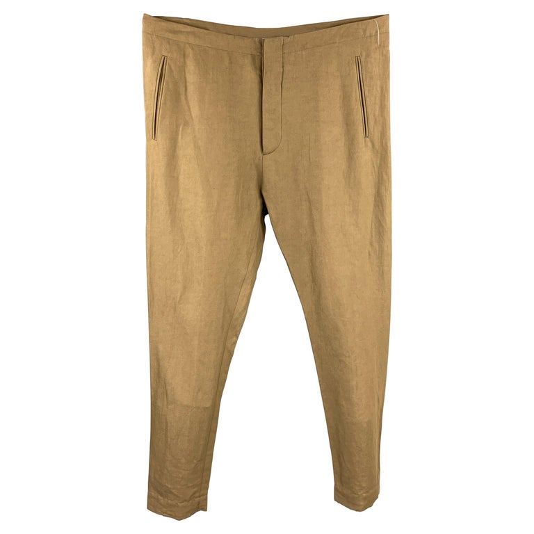 ARJE Size L Olive Cotton / Linen Button Fly Dress Pants For Sale at 1stDibs