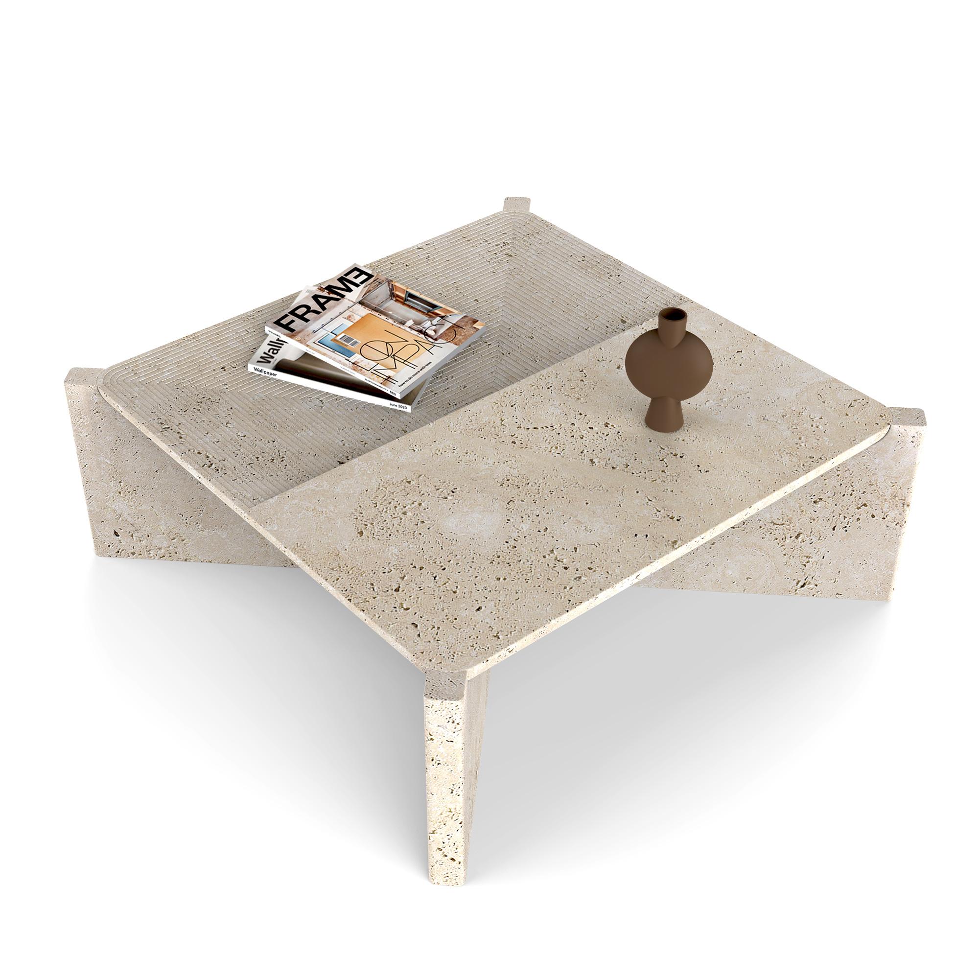 Arkhe No 1 Coffee Table Square Travertine, Modern Sculptural by Fulden Topaloglu For Sale at 1stDibs