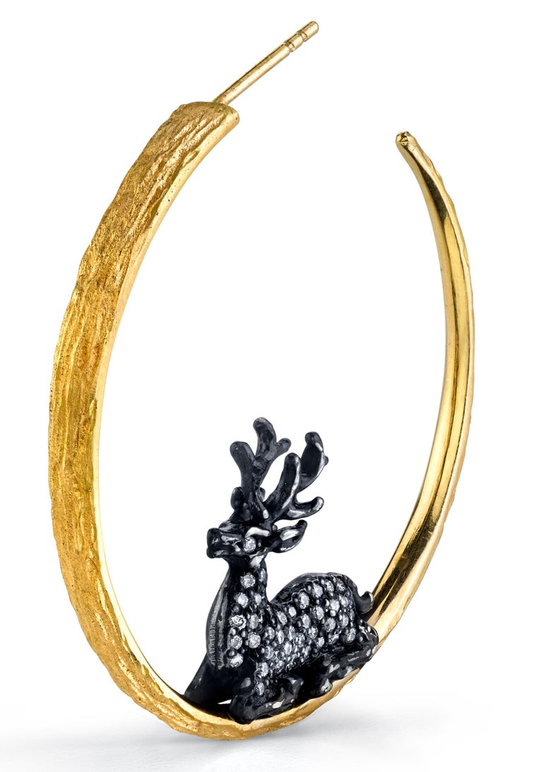 Stag Hoop Earrings with 18k Gold and Oxidized Silver For Sale at 1stDibs