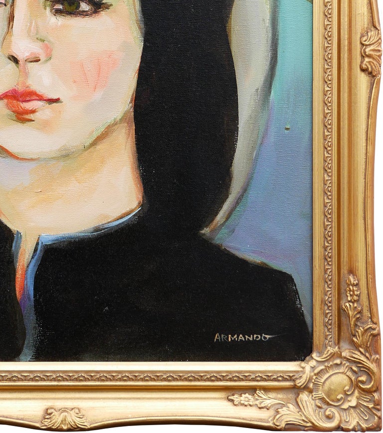 Armando - Teal-Toned Abstract Figurative Portrait of Woman with a Black ...