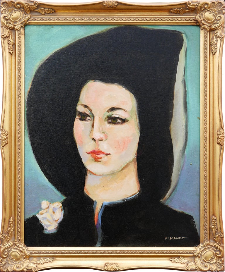 Armando - Teal-Toned Abstract Figurative Portrait of Woman with a Black ...