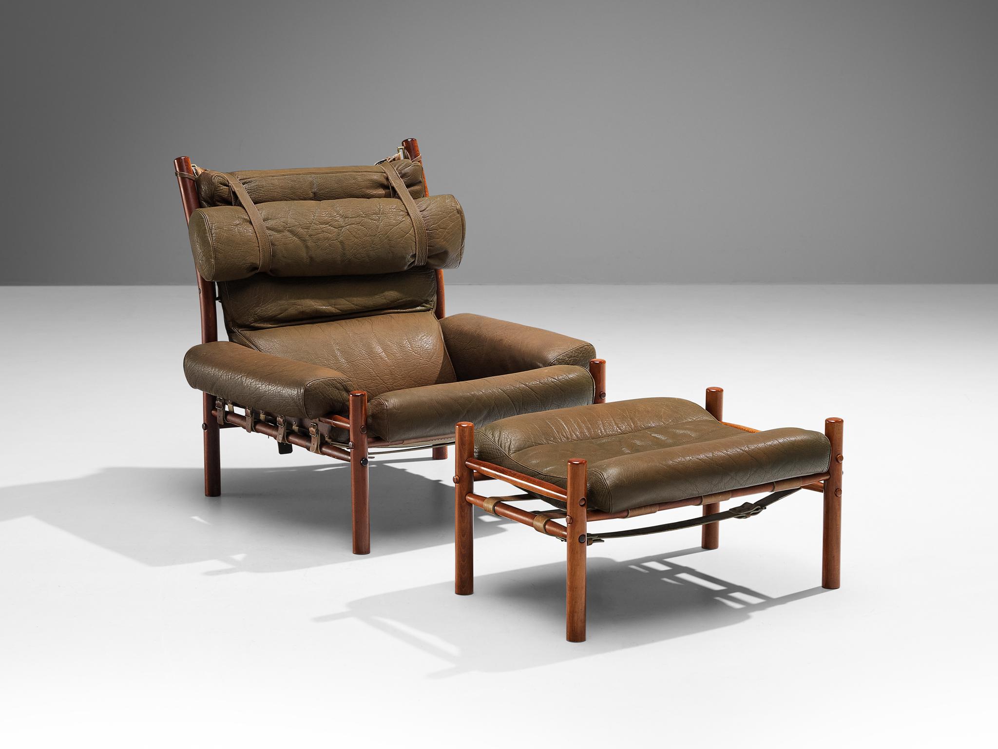 Arne Norell 'Inca' Lounge Chair with Ottoman in Olive Green Leather For ...