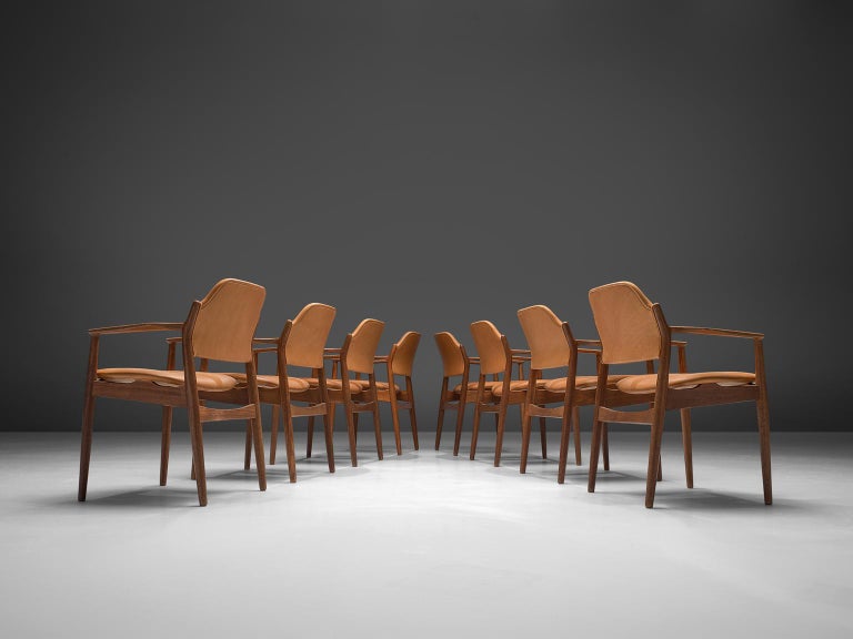 Arne Vodder Reupholstered Set of Dining Chairs in Cognac Leather at 1stDibs