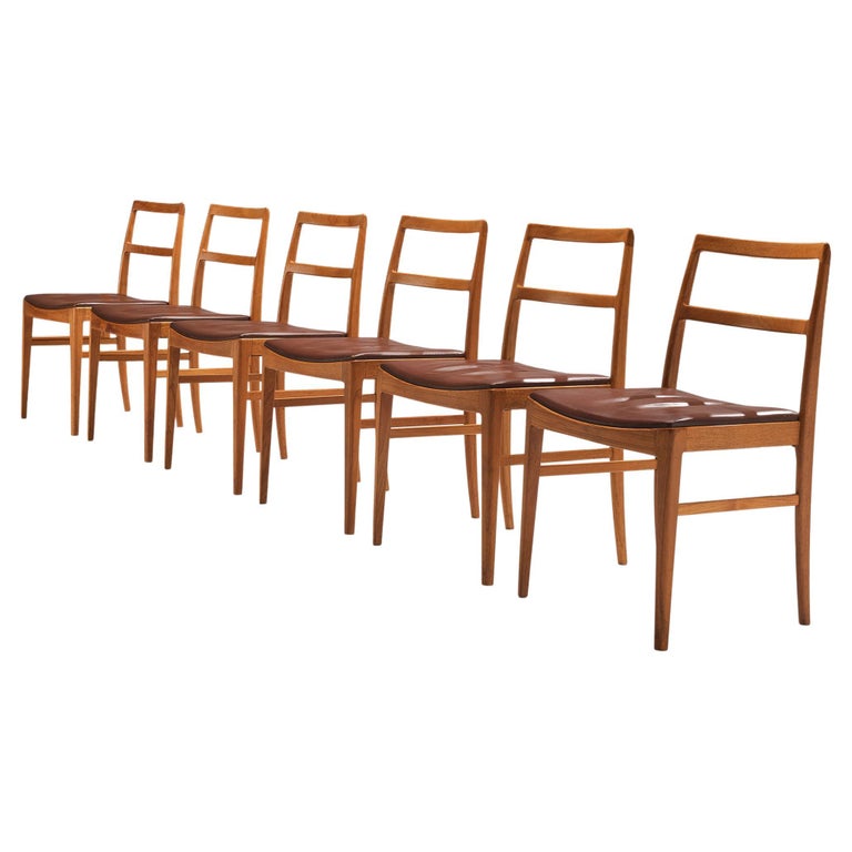 Arne Vodder Set of Six Dining Chairs in Teak and Brown Leather For Sale ...