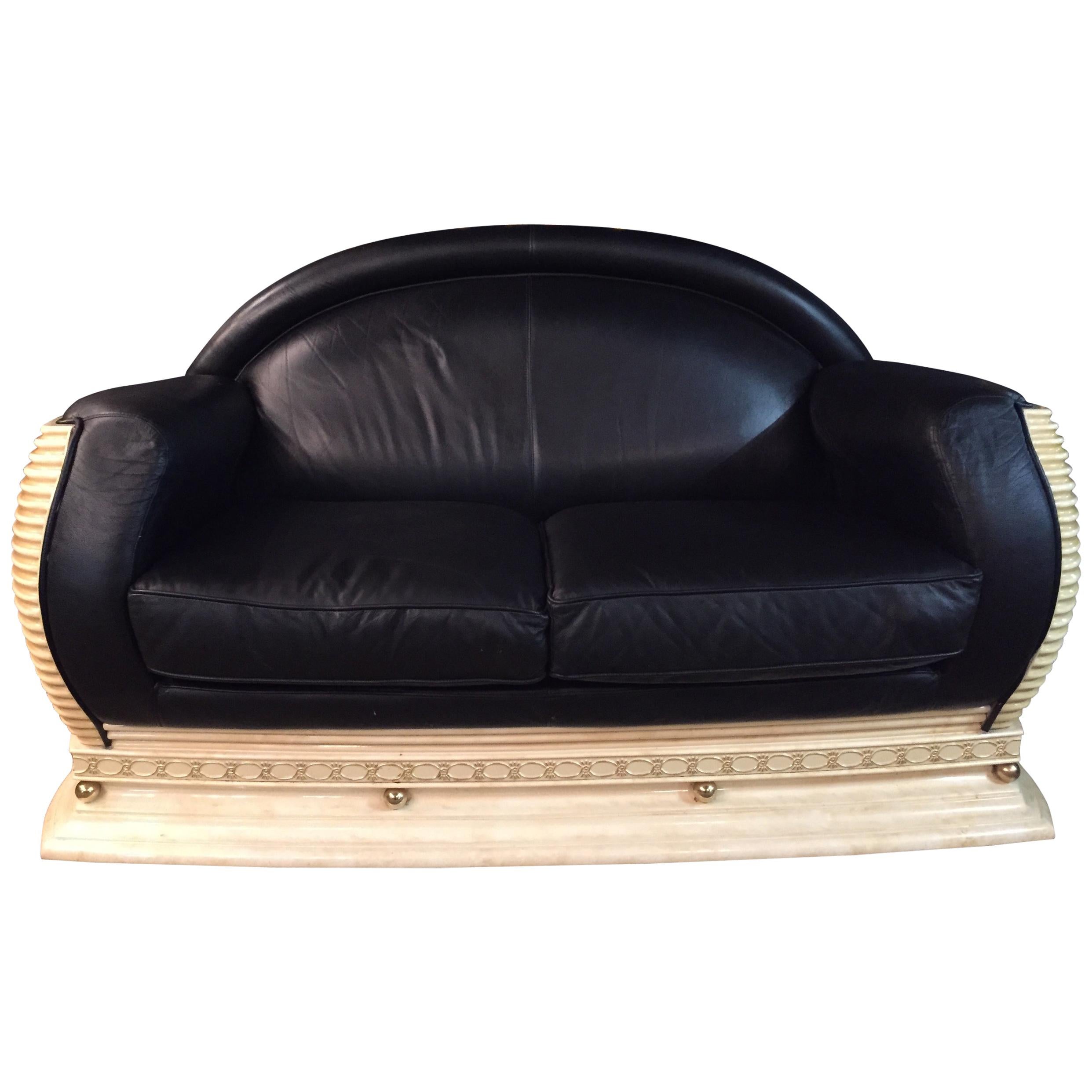 Contemporary Art Deco Style Rosewood And Leather Sofa at 1stdibs