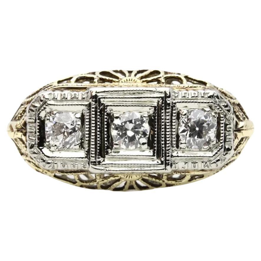 Art Deco 0.70ctw Three Stone Old Euro Cut Diamond Ring in 14K Gold For ...