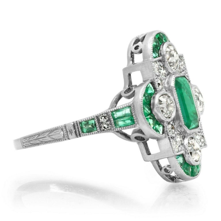 Art Deco Style 0.79 Ct Center Emerald Diamond 2.07 Tcw Platinum ...