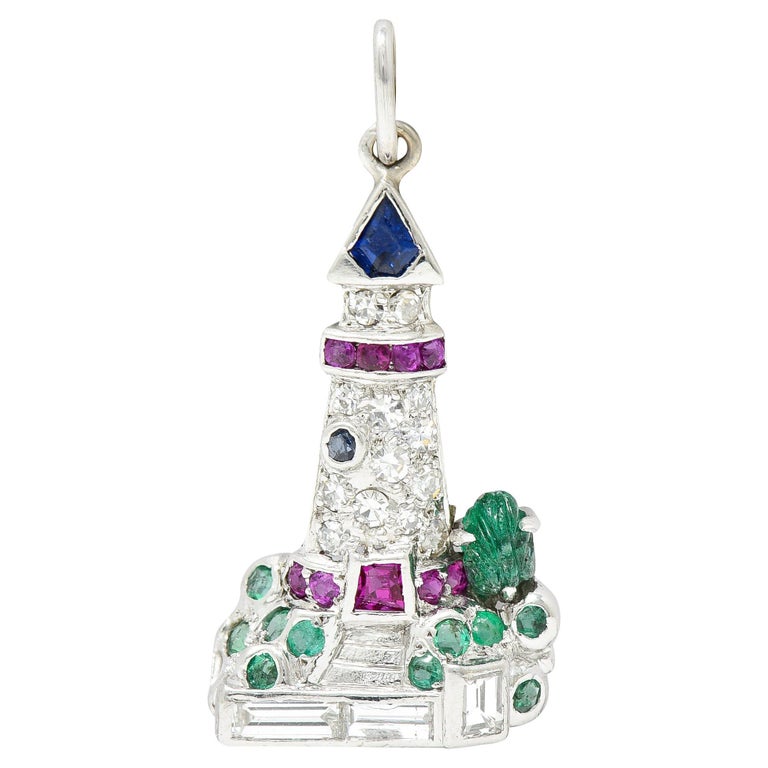 Art Deco 1.07 Carats Diamond Sapphire Emerald Ruby Platinum Lighthouse ...