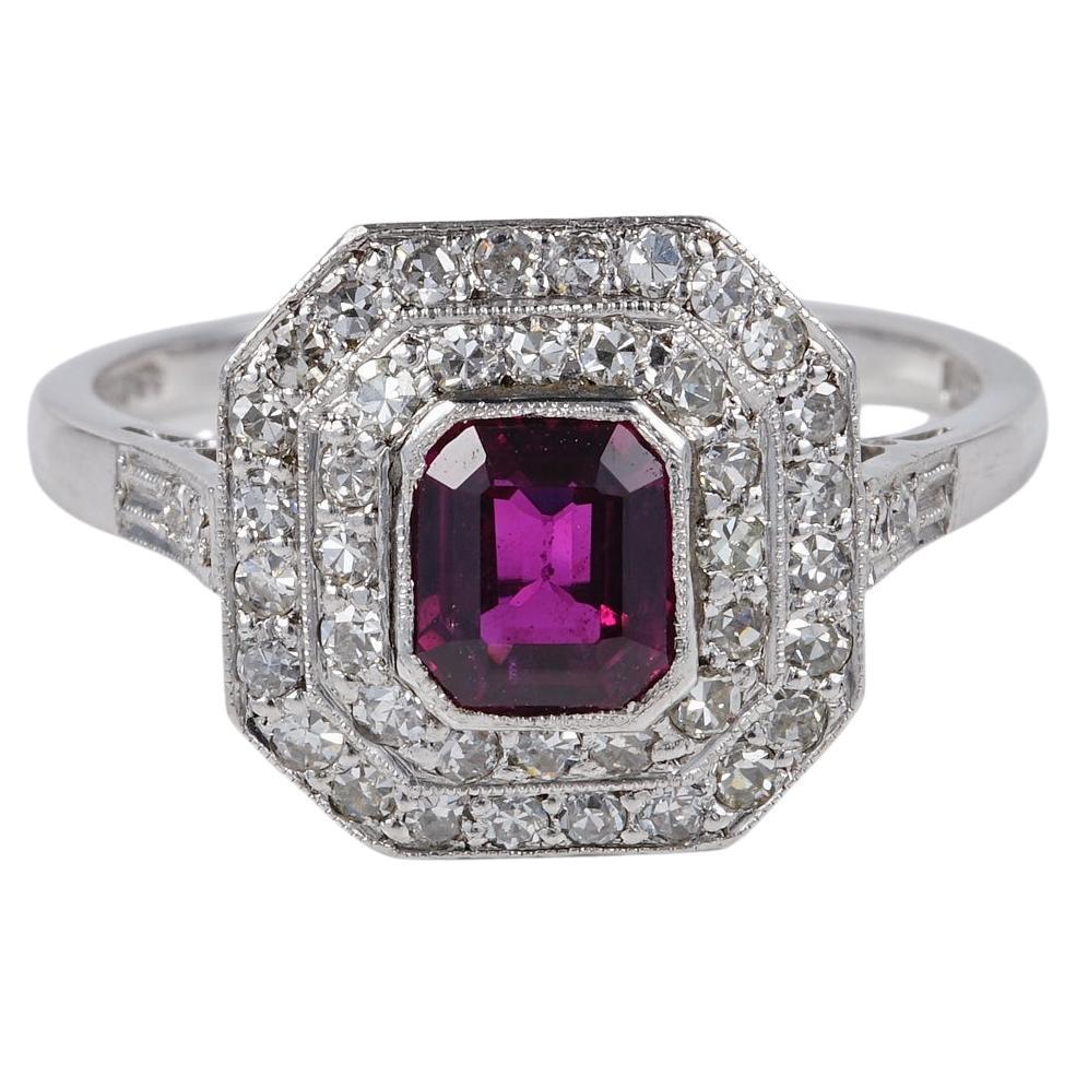 Art Deco 1.15 Ct Natural Ruby Diamond Plaque Ring For Sale at 1stDibs