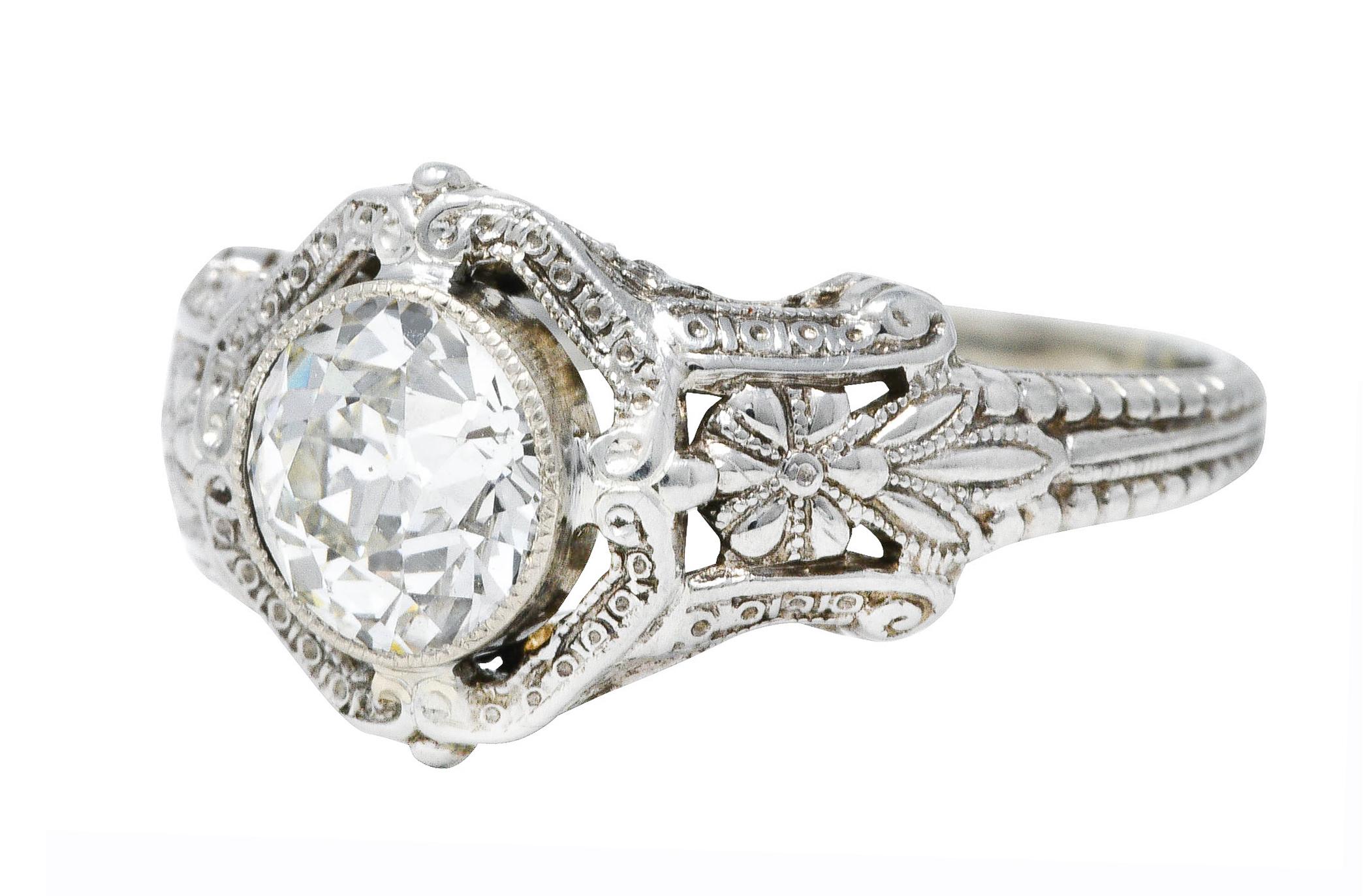 Art Deco 1.19 Carats Diamond 18 Karat White Gold Floral Engagement Ring ...