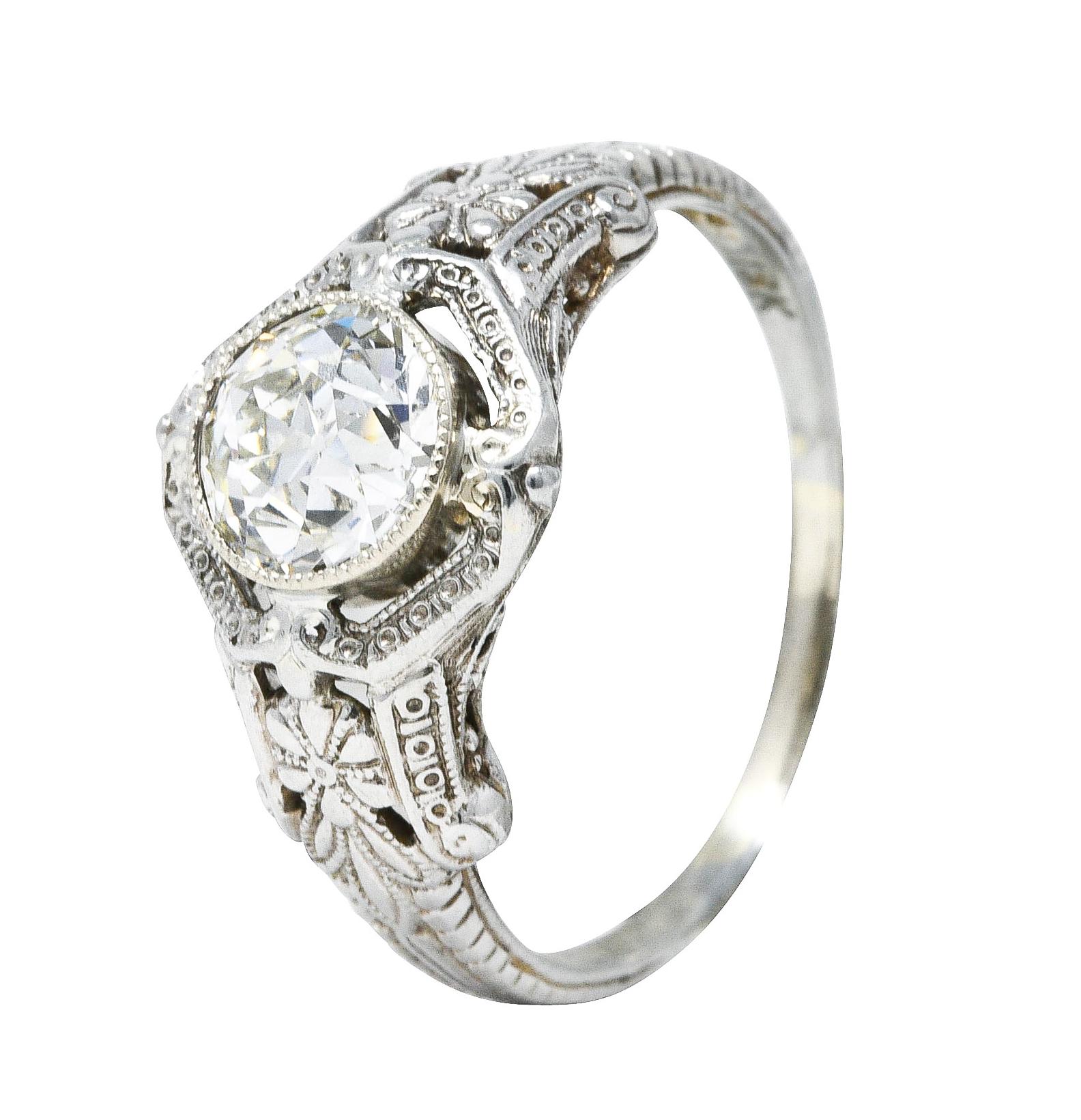 Art Deco 1.19 Carats Diamond 18 Karat White Gold Floral Engagement Ring ...